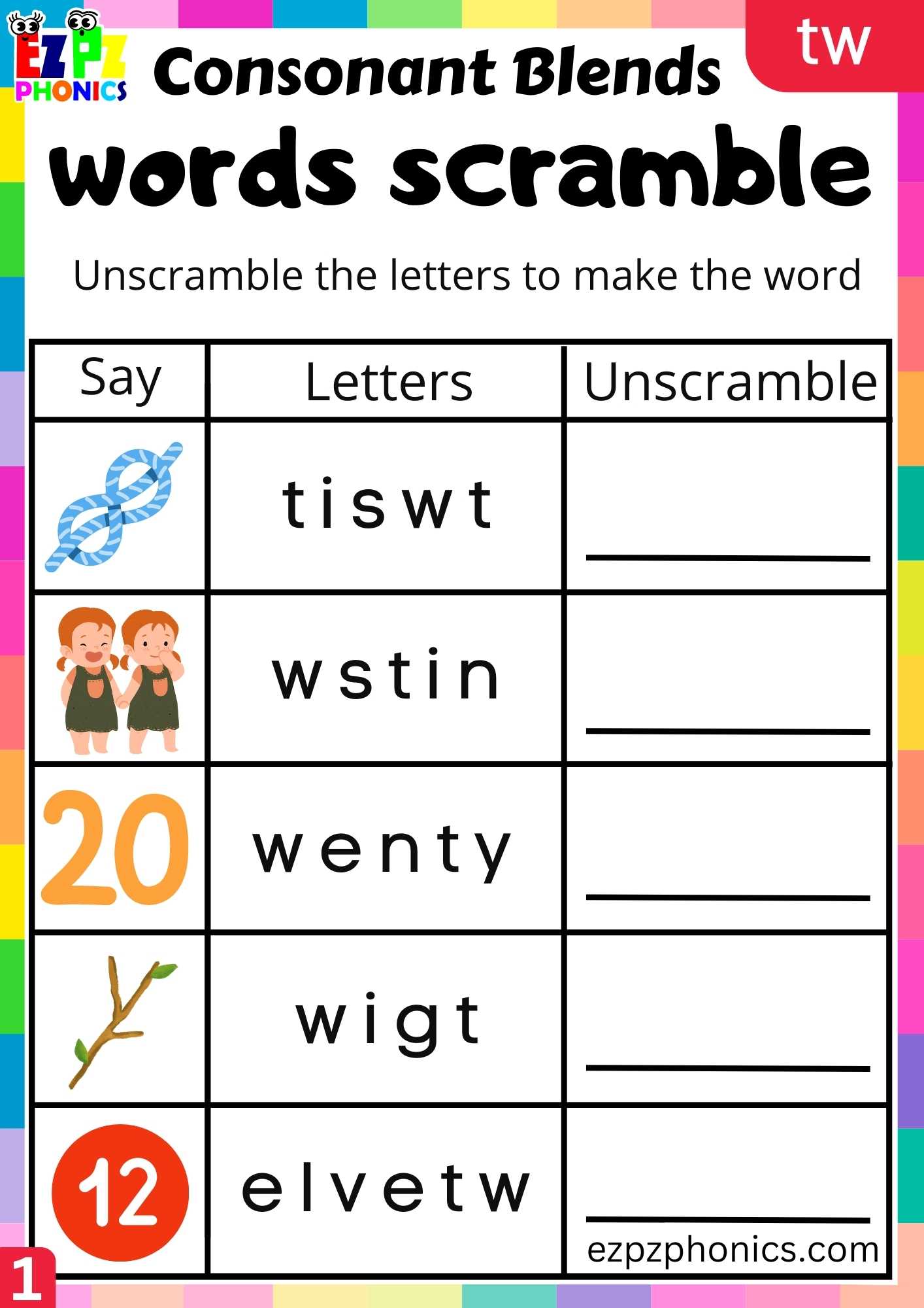 Tw Words Words Scramble Phonics Consonant Blends Worksheet